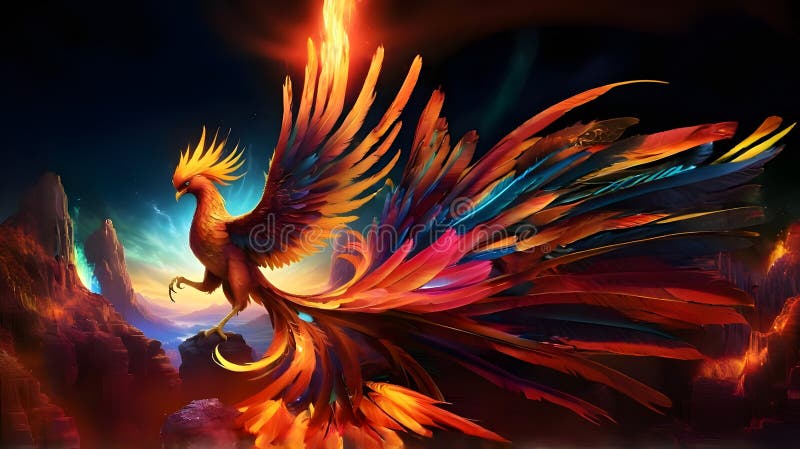 Vividly Soaring Phoenix with Fiery Feathers in Virtual Reality Realm ...
