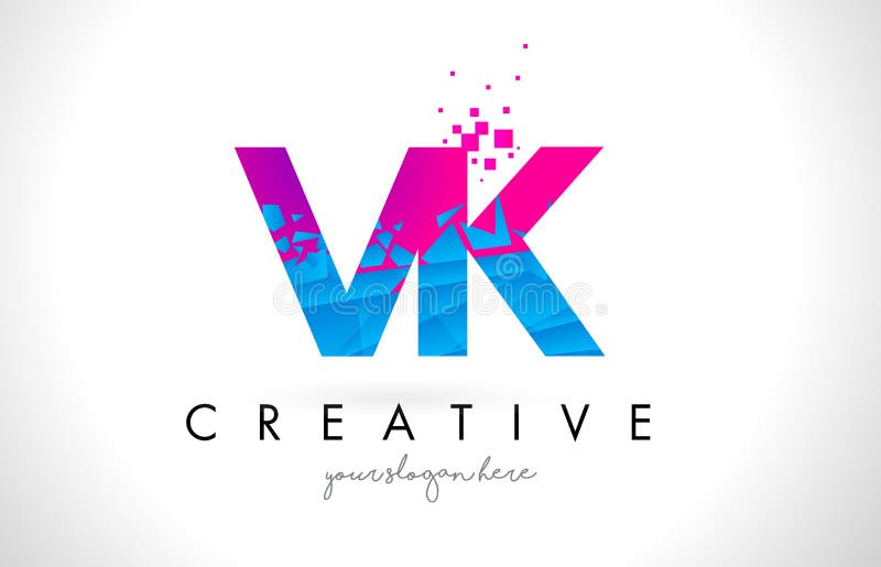 VK V K Letter Logo with Shattered Broken Blue Pink Texture Design ...