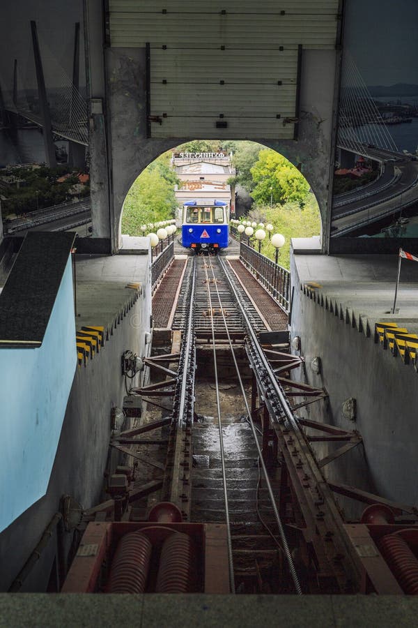 Vladivostok, Russia, 09/22/2017: Moving Funicular in the Tunnel. Vertical Editorial Photography ...