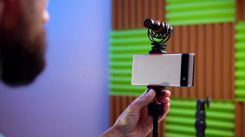 Vlog Setup with Smarthone and Microphone on Tripod in Vlogging Studio ...