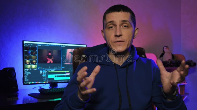 Young Man Youtuber Filming Tutorial Video in Home Studio. Online ...