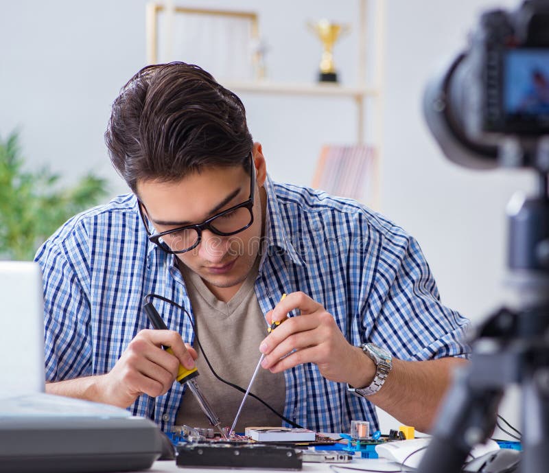 Vlogger Recording Computer Repair on Camera for Vlog Blog Stock Image ...