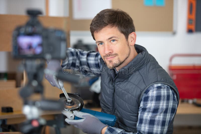 Vlogger Recording Computer Repair on Camera for Vlog Blog Stock Photo ...