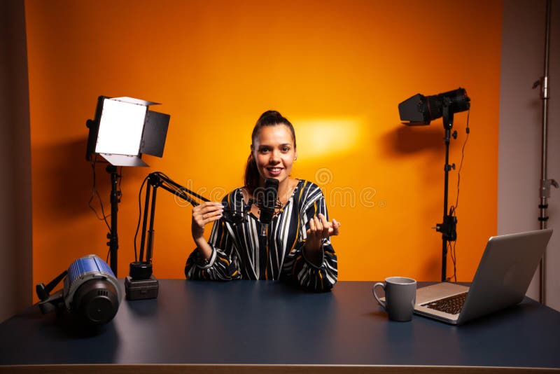 Vlogger testing microphone stock image. Image of equipment - 262811879