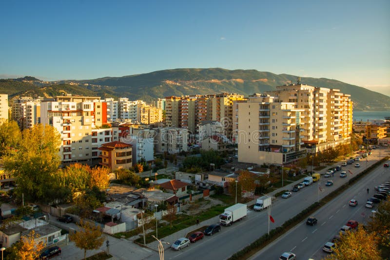 VLORA, ALBANIA: Top View of the City of Vlora in the Evening before ...