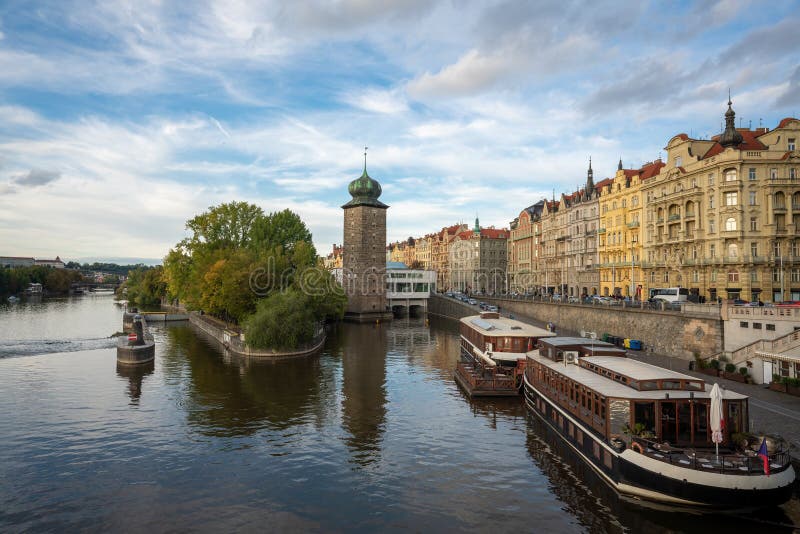 Vltava River View with Sitkov Water Tower - Prague, Czech Republic ...