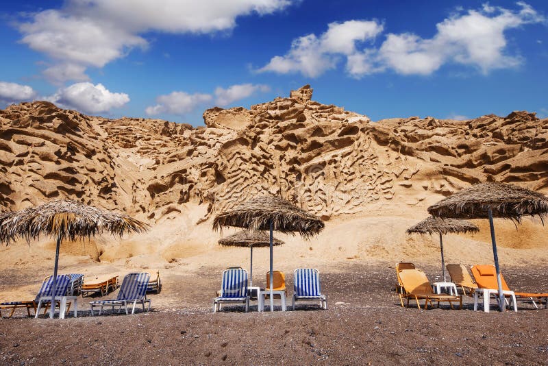 Vlychada Beach at Sunset, Santorini Island Stock Image - Image of black ...