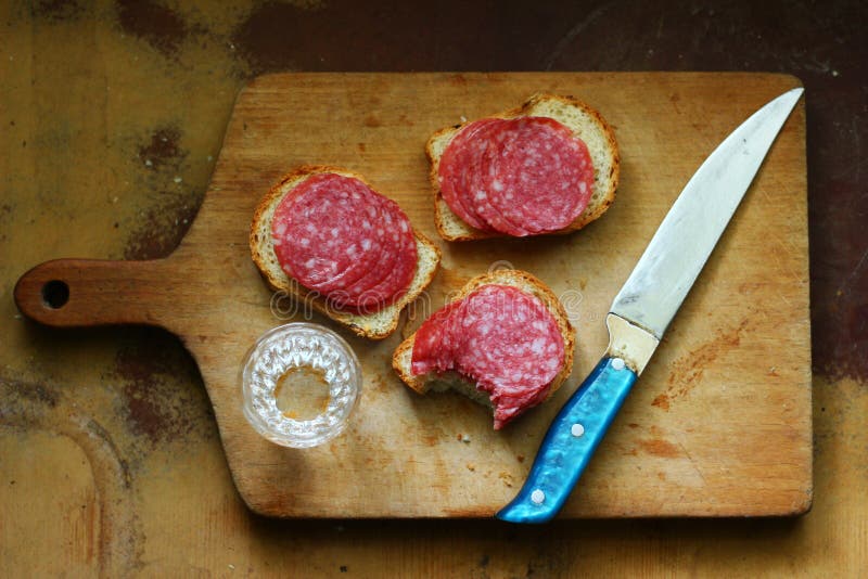 Vodka and Bread with Sausage Rustic Style Stock Photo - Image of bacon ...