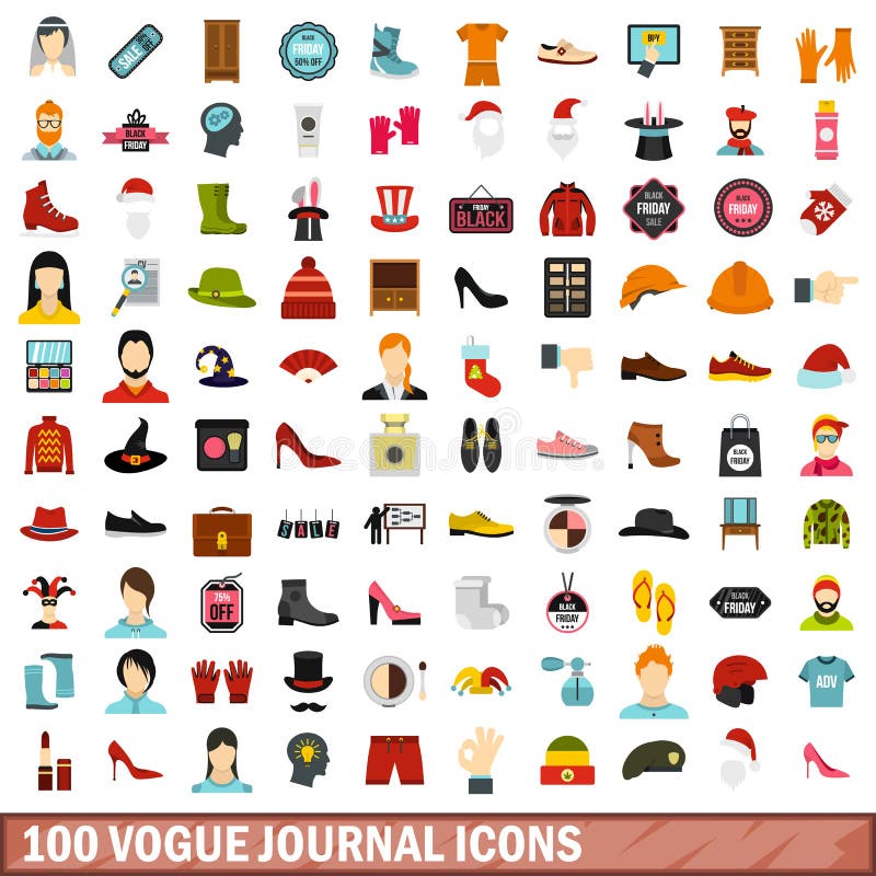 100 Vogue Journal Icons Set, Flat Style Stock Vector - Illustration of ...