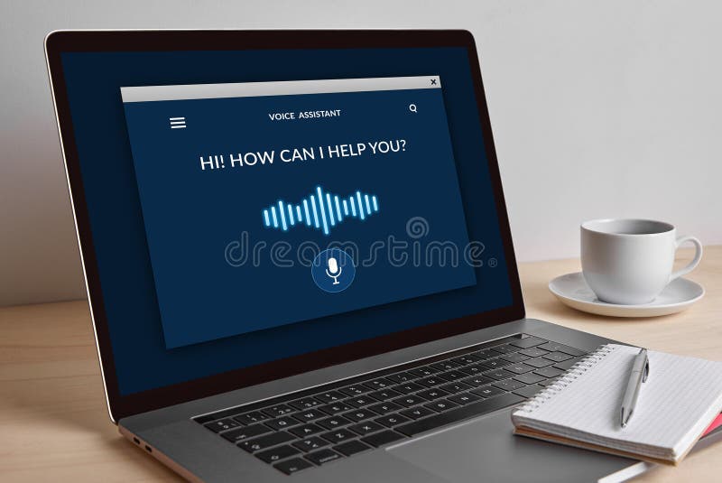 Voice Assistant Concept on Tablet Screen with Office Objects Stock ...