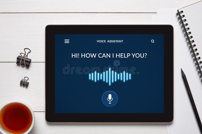 Voice Assistant Concept on Tablet Screen with Office Objects Stock ...