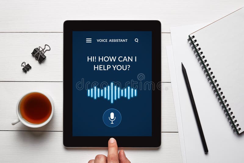 Voice Assistant Concept on Tablet Screen with Office Objects Stock ...