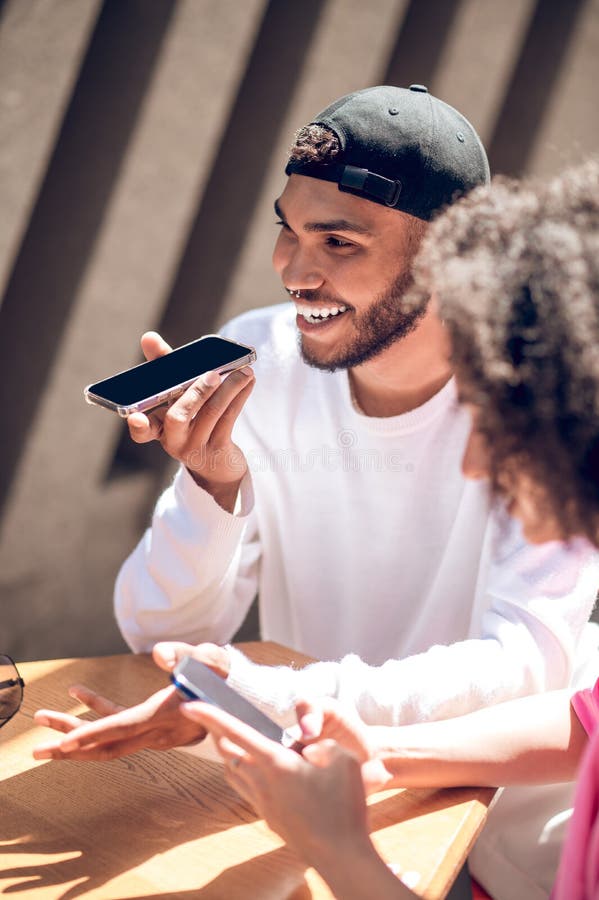 Cute Smiling Couple Man Recording Voice Message Stock Photos - Free ...