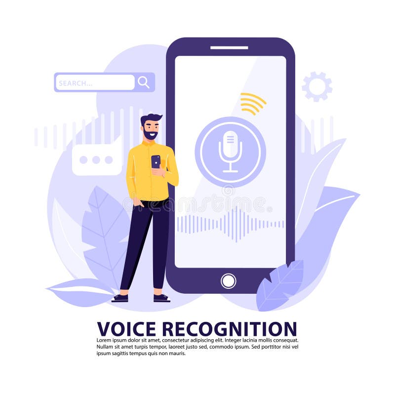 Voice Recognition Concept. Man with Big Smart Phone Using Voice ...