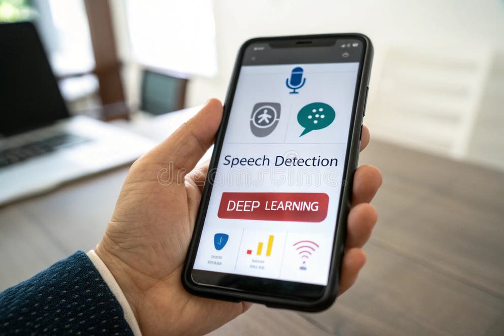 Voice Recognition and Deep Learning Concept on Mobile Screen Stock ...