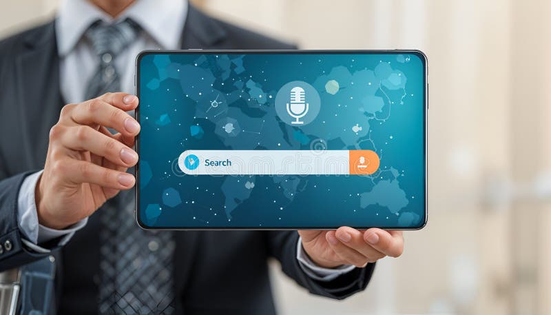 Voice Search Technology: Businessman Holding 3D Rendered Vocal Search ...