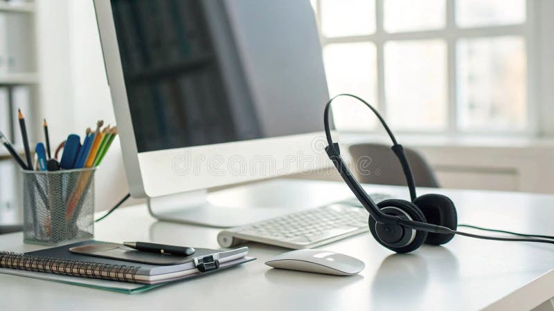 VOIP Headset on Desk for Customer Service Support Stock Illustration ...
