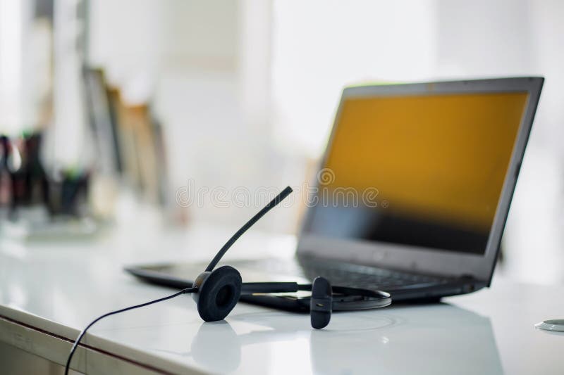 VOIP Headset and Notebook Computer Phone Communication Support Stock ...