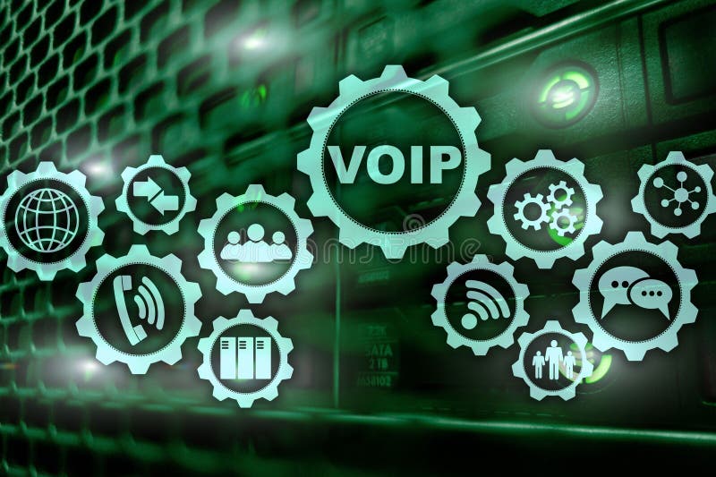 VoIP Voice Over IP on the Screen with a Blur Background of the Server ...