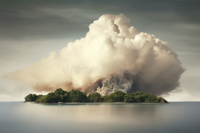 Volcanic Ash Cloud Rising Over a Remote Island Stock Illustration ...