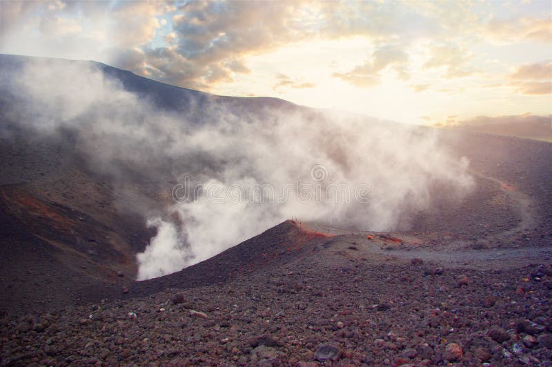 Volcanic Crater, Eruption with Ash Cloud of Etna Volcano Stock Photo ...