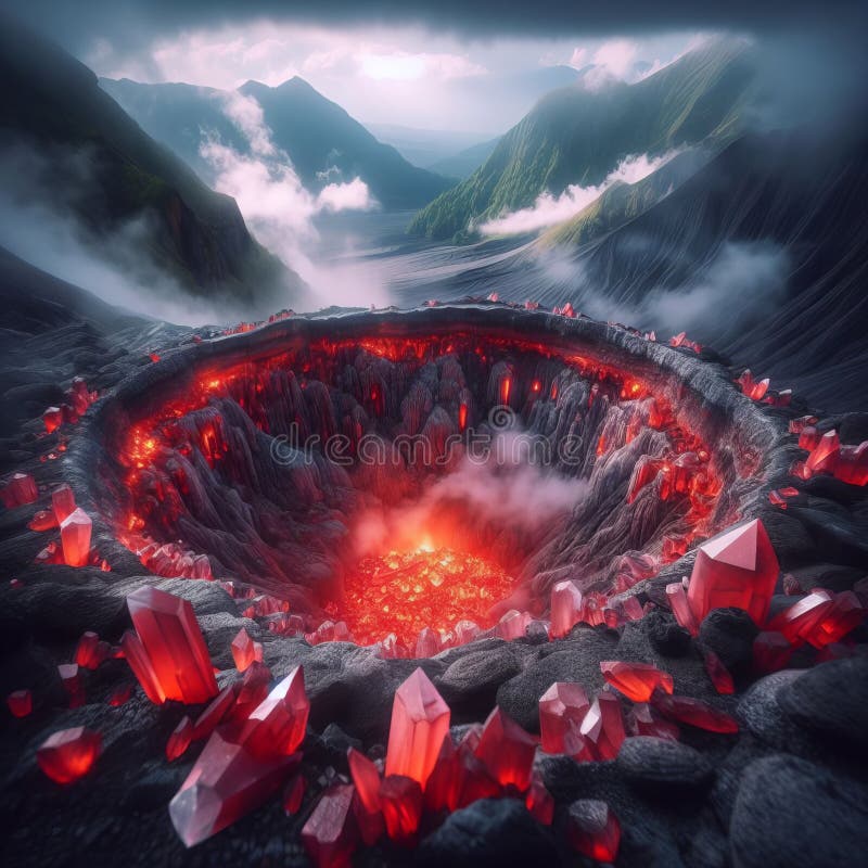 Volcanic Crater with Red Crystals Stock Illustration - Illustration of ...