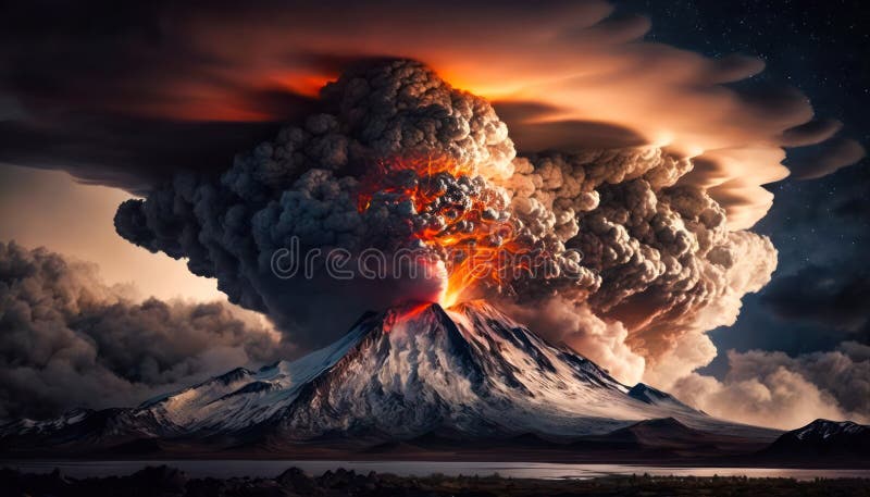 Volcanic Eruption Ejecting Fire, Lava and Ash Stock Illustration ...