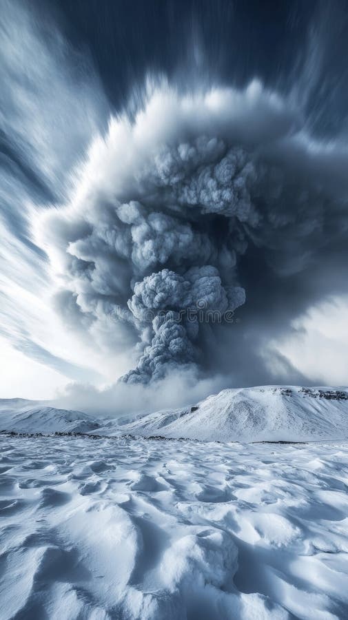 Volcanic Eruption with Ash Cloud Over Snowy Landscape Stock Image ...