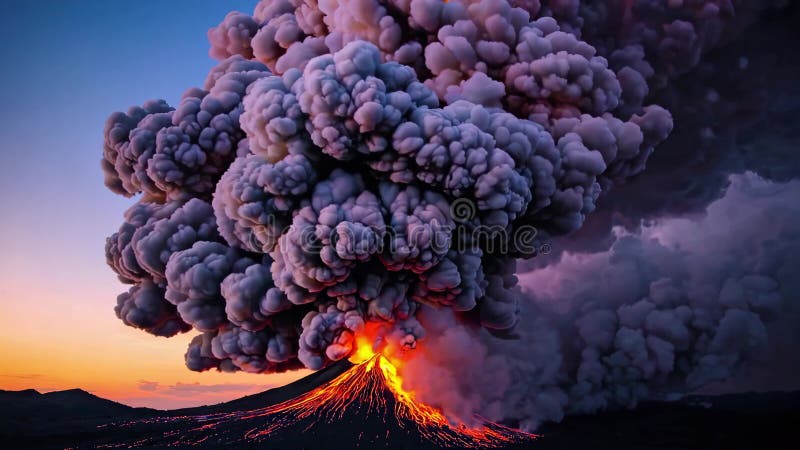 Volcanic Eruption with Ash Cloud at Sunset, Dramatic Nature Phenomenon ...
