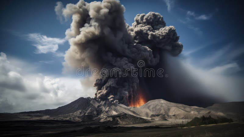 Volcanic Eruption with Ash Ejection into the Air and Lava Flows Stock ...