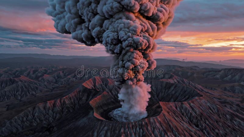 Volcanic Eruption with Ash Plume during Sunset, Dramatic Nature Scene ...