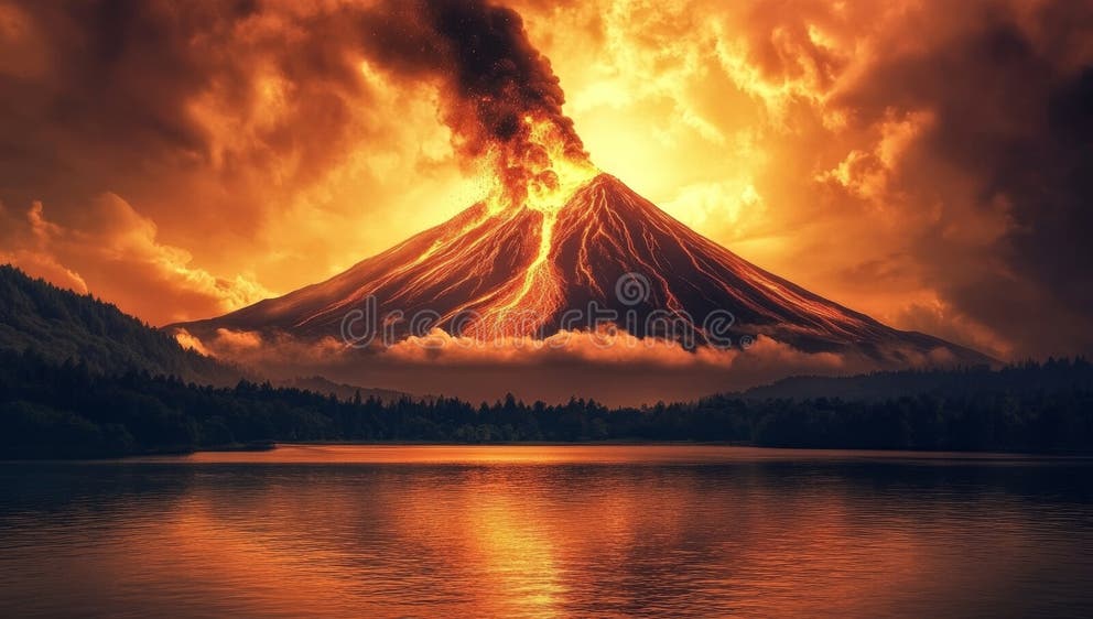 A Volcanic Eruption Creates a Dramatic Scene in the Evening Natural ...