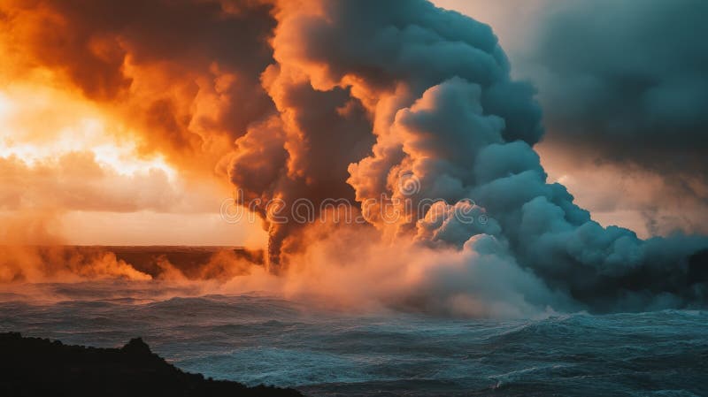 Volcanic Eruption Creates Dramatic Steam and Smoke Over Ocean Waves ...