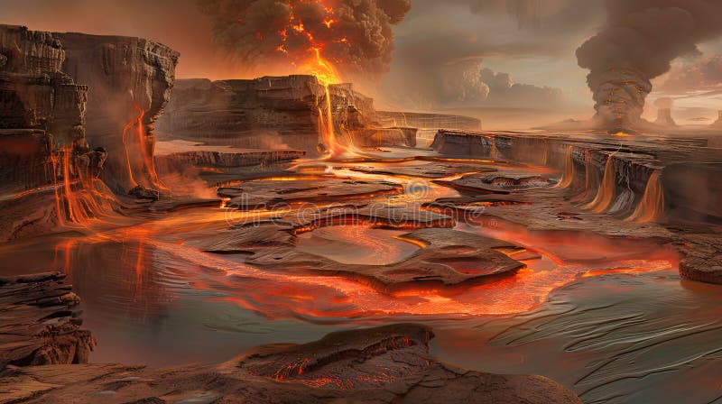 Volcanic Eruption in Desert. Fantasy Landscape Stock Illustration ...