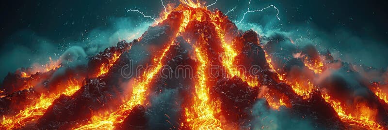Volcanic Eruption in a Dramatic Landscape with Flowing Lava and Dark ...