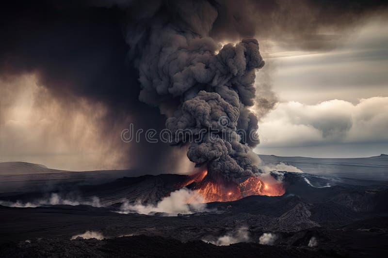 Volcanic Eruption with Dramatic Lava Flow and Billowing Clouds of Smoke ...