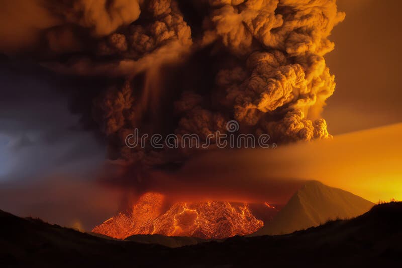 Volcanic Eruption Ejecting Fire, Lava and Ash Stock Illustration ...