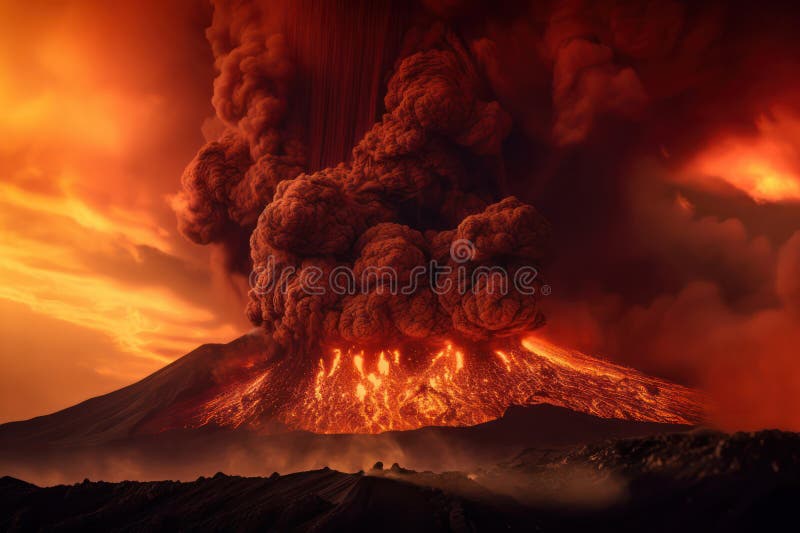 Volcanic Eruption Ejecting Fire, Lava and Ash Stock Illustration ...