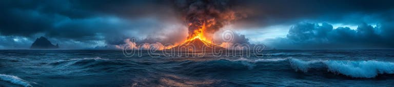 Volcanic Eruption Exploding into the Ocean Under Dark Clouds Stock ...