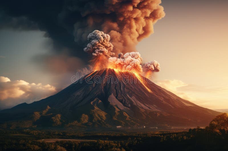 Volcanic Eruption. Explosion. Lava Running Down the Mountain. Smoke and ...