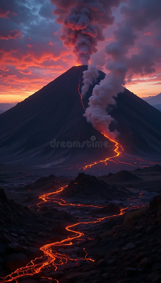 Volcanic Eruption: Fiery Lava Flows at Sunset Stock Photo - Image of ...