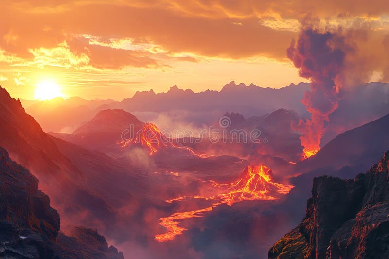 A Volcanic Eruption with Fiery Lava Flows Under a Dramatic Sunset Sky ...