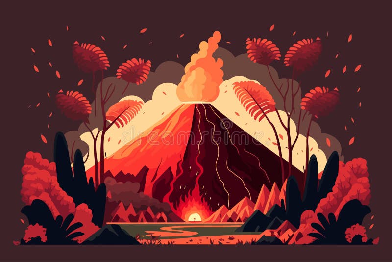 Volcanic Eruption Flat Vector Illustration. Landscape with Volcano ...