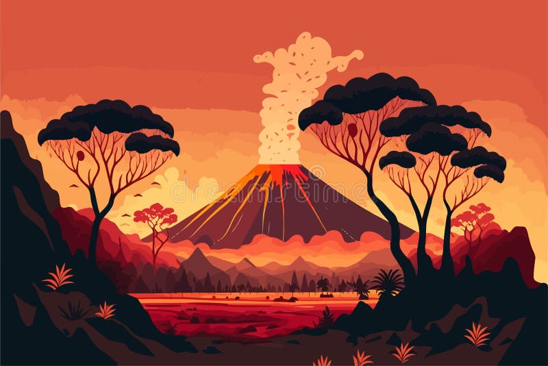 Volcanic Eruption Flat Vector Illustration. Landscape with Volcano ...
