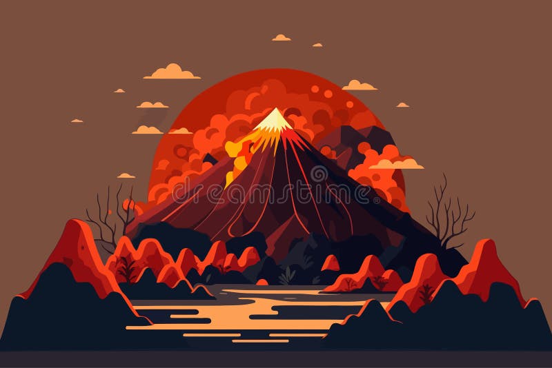 Volcanic Eruption Flat Vector Illustration. Landscape with Volcano ...
