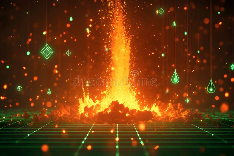 Volcanic Eruption with Floating Digital Icons and Grid Patterns Stock ...