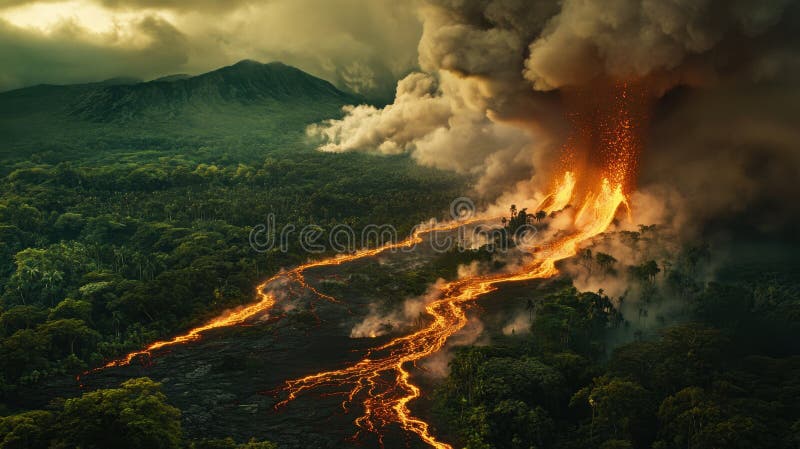 A Volcanic Eruption with Flowing Lava Amidst a Lush Forest Landscape ...