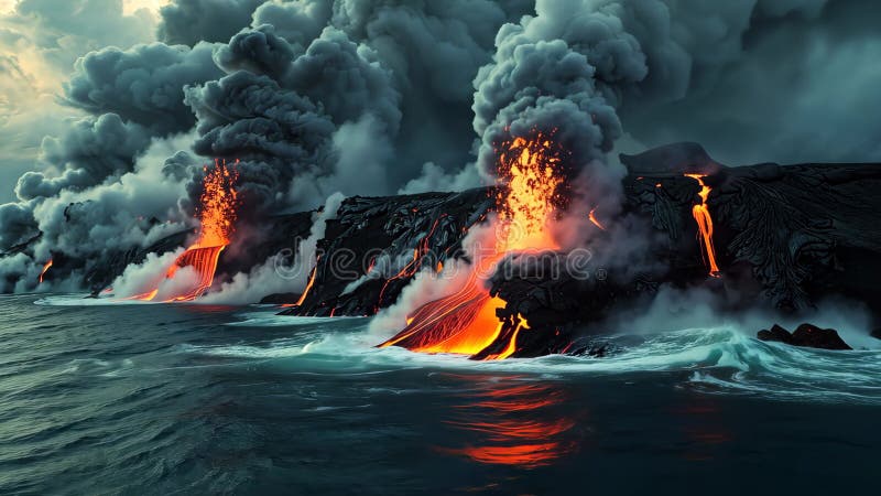 Volcanic Eruption with Flowing Lava into Ocean, Dramatic Nature Scene ...