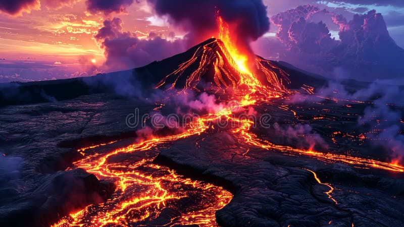 Volcanic Eruption with Flowing Lava at Sunset Stock Video - Video of ...