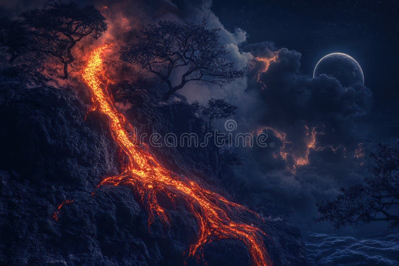Volcanic Eruption Flows Luminous Lava Down a Hillside Under a Starry ...